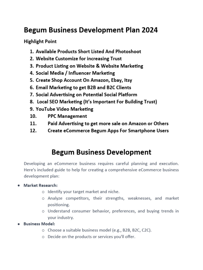 Begum Business Development Plan 2024 | PDF | Marketing | E Commerce