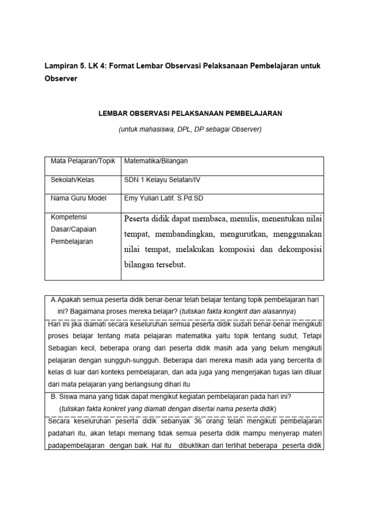 Lampiran 5. LK 4 Format Lembar Observasi Pelaksanaan Pembelajaran Untuk Observer | PDF