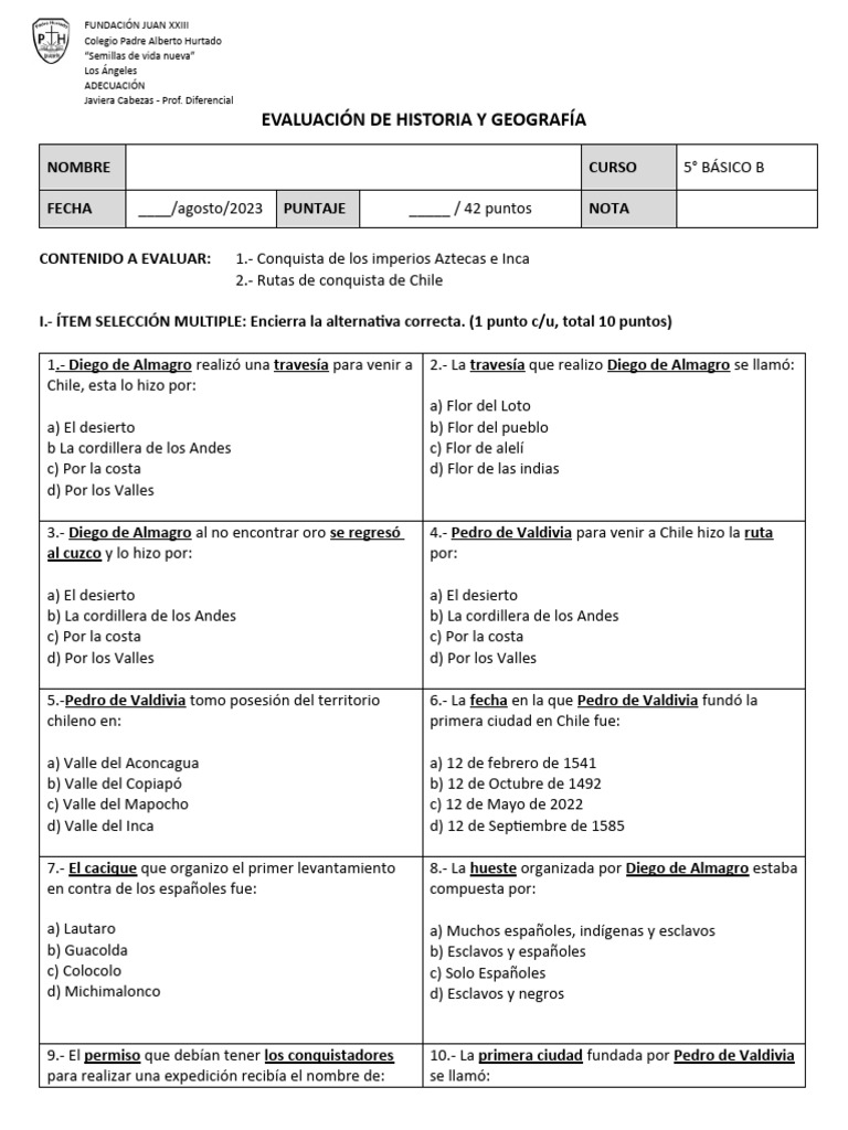 PRUEBA HISTORIA - CONQUISTA (8 AGOSTO) ALEXANDER | PDF | Hernán Cortés ...