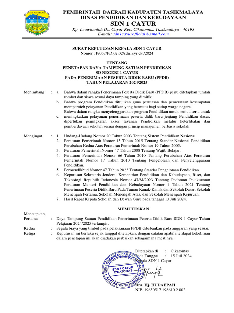 SK Penetapan Awal Daya Tampung Satuan Pendidikan PPDB - SDN 1 Cayur | PDF