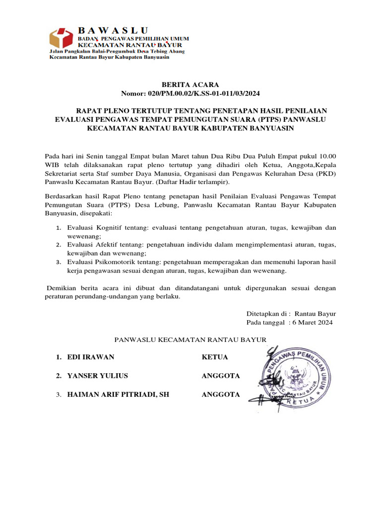 Berita Acara Penilaian Ptps Lebung | PDF