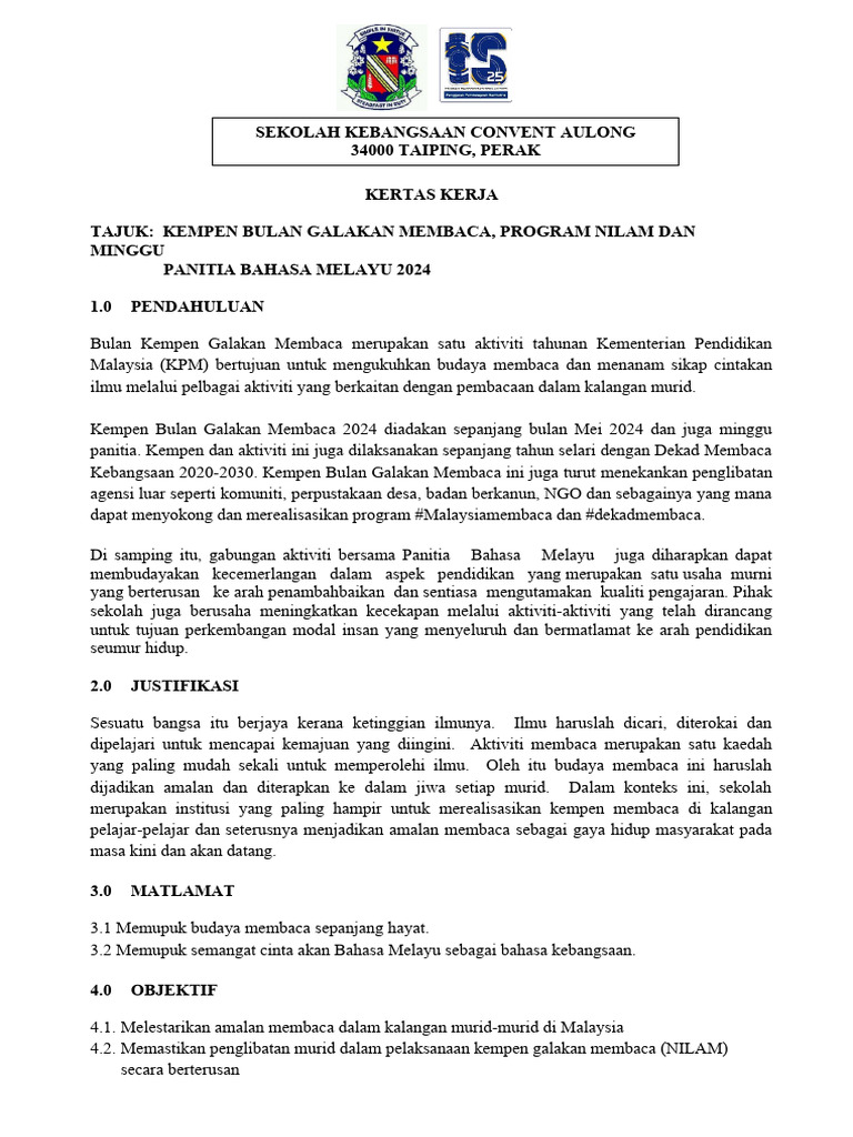 Kertas Kerja Baru Galakan Membaca, Nilam Dan Minggu BM 2024 | PDF