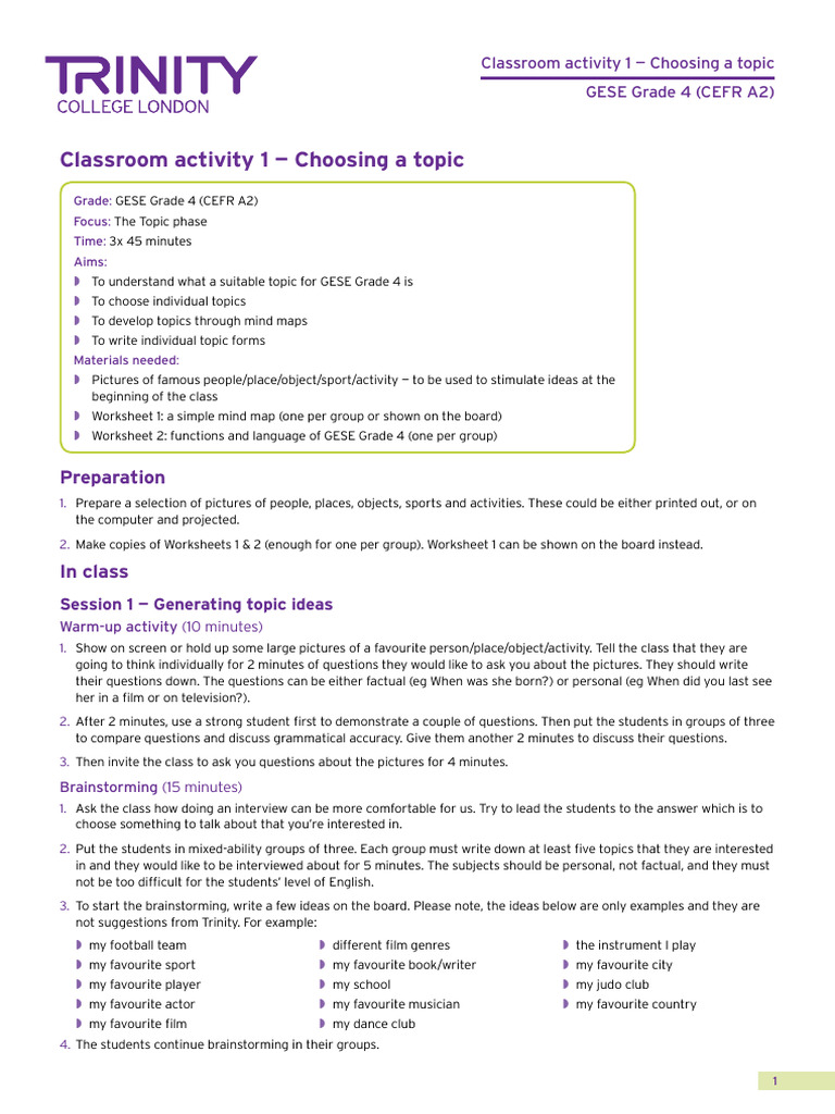 GESE G4 - Classroom activity 1 - choosing a topic (1) | PDF | Brainstorming | English Language