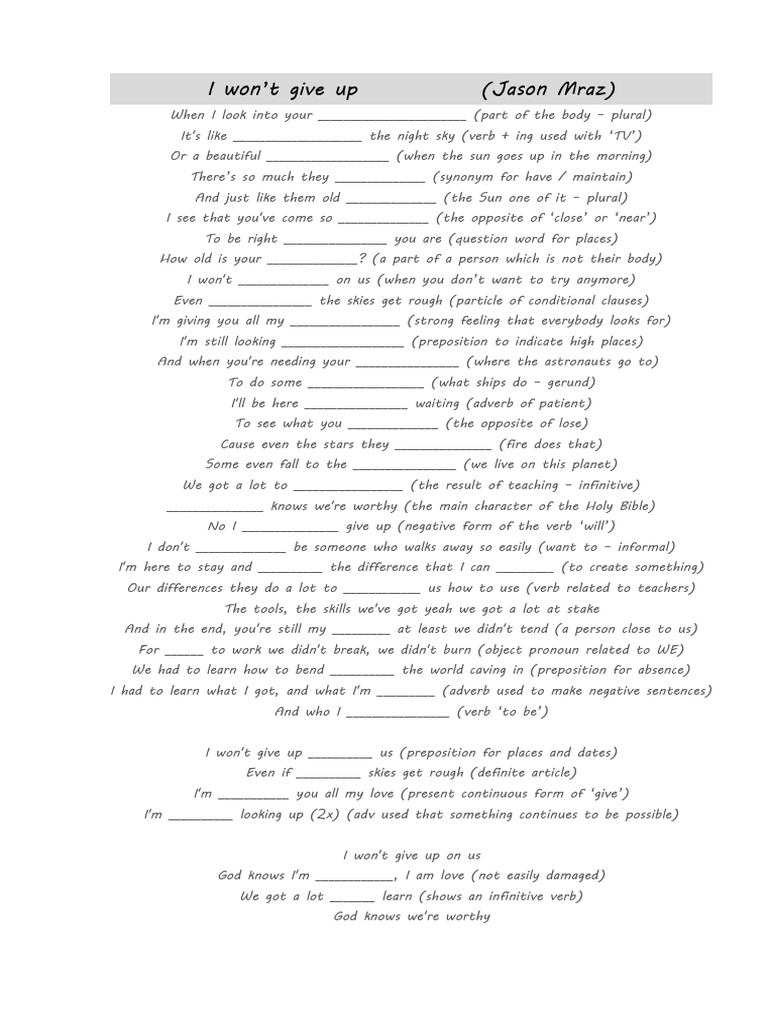 I Wont Give Up - Jason - Mraz | PDF | Verb | Semantic Units