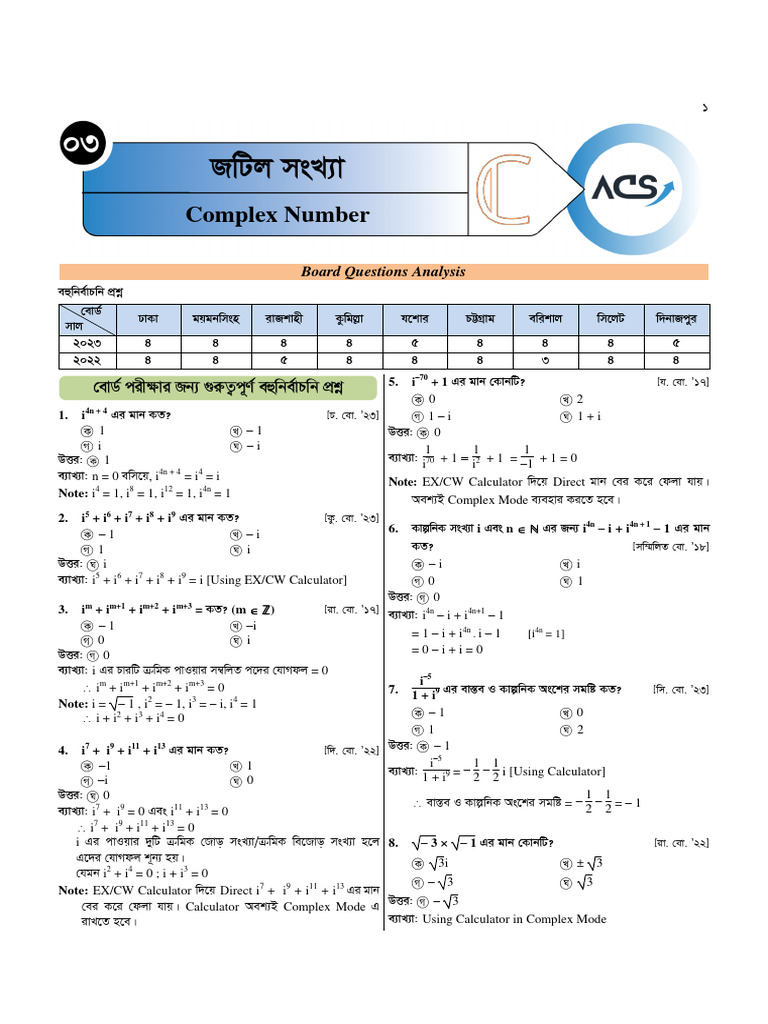 Complex Number MCQ Suggestion HSC 2024 | PDF
