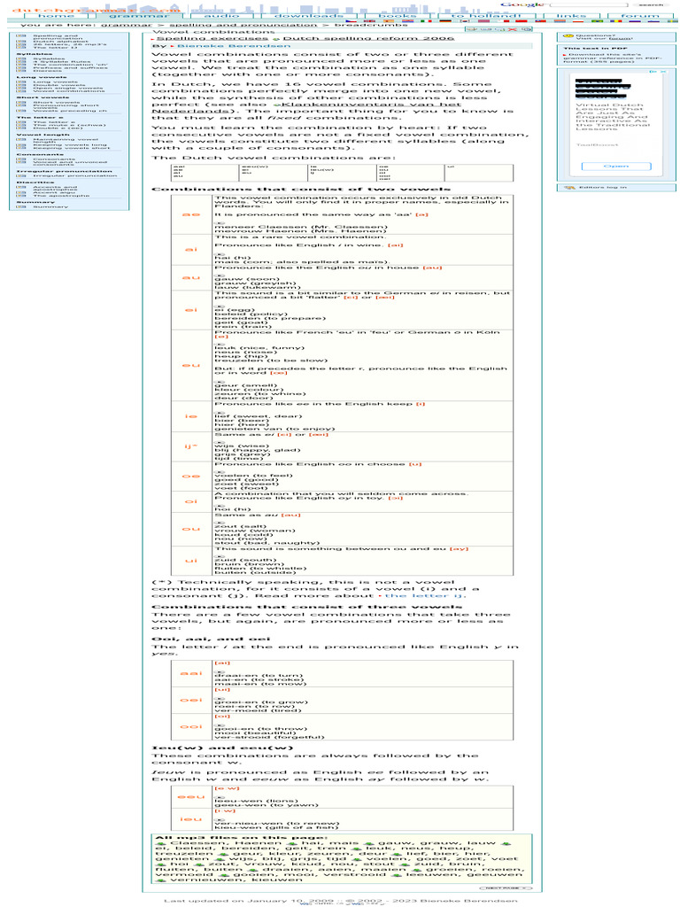 Dutch Grammar - Vowel Combinations | PDF | Phonetics | Languages