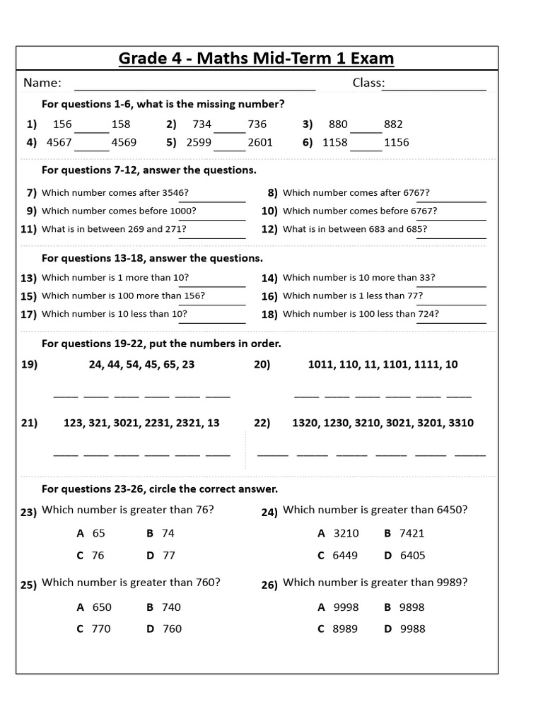 Grade 4 - Maths Mid-Term 1 Exam.xlsx - Sheet1 (1) | PDF | Student Assessment And Evaluation