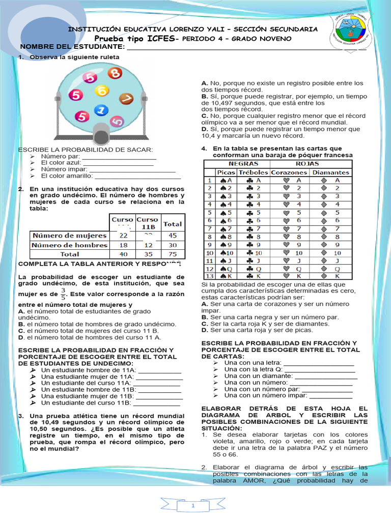 PRUEBA TIPO ICFES DE MATEMATICAS SEMESTRE 2 (Probabilidad) | PDF | Probabilidad