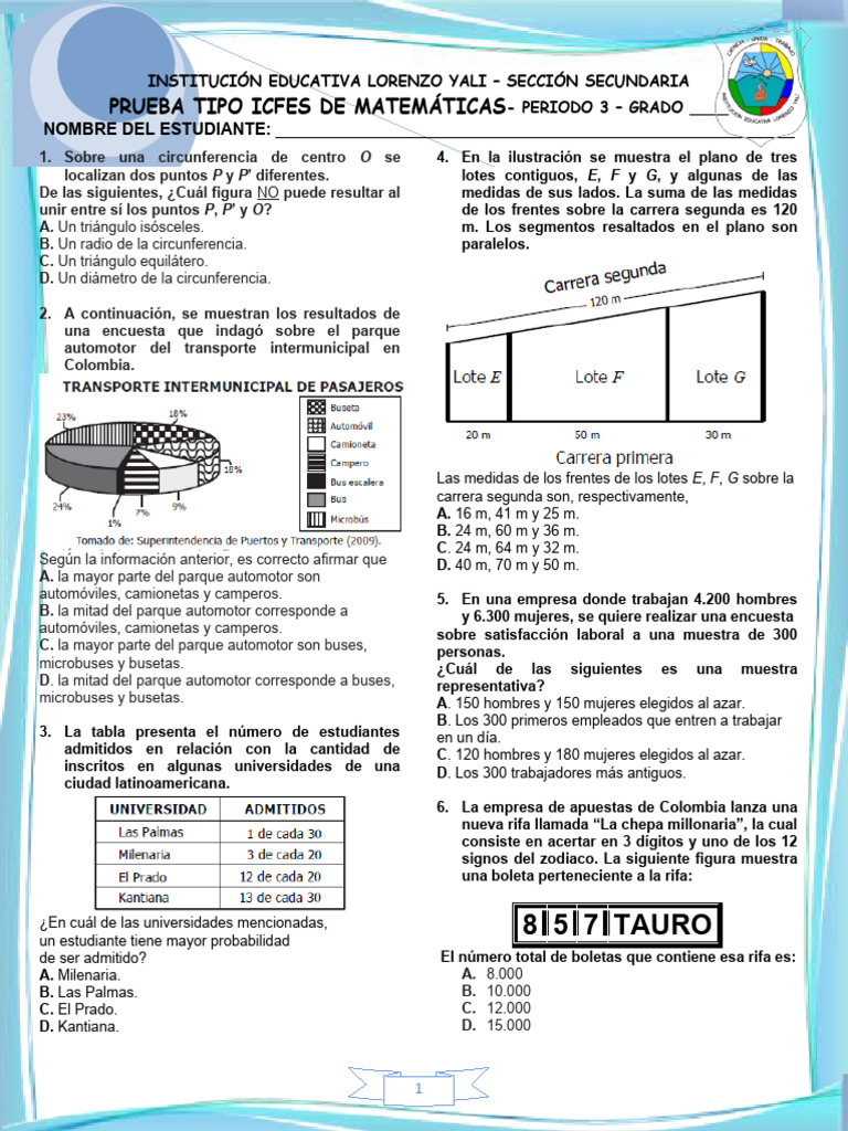 Prueba Tipo Icfes de Matematicas Semestre 2 | PDF | Geometría Elemental