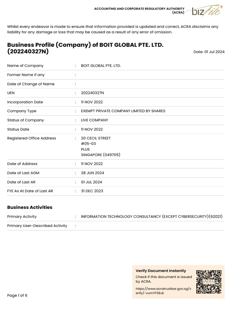BOIT Global Pte. Ltd. Business Profile | PDF | Corporations | Business
