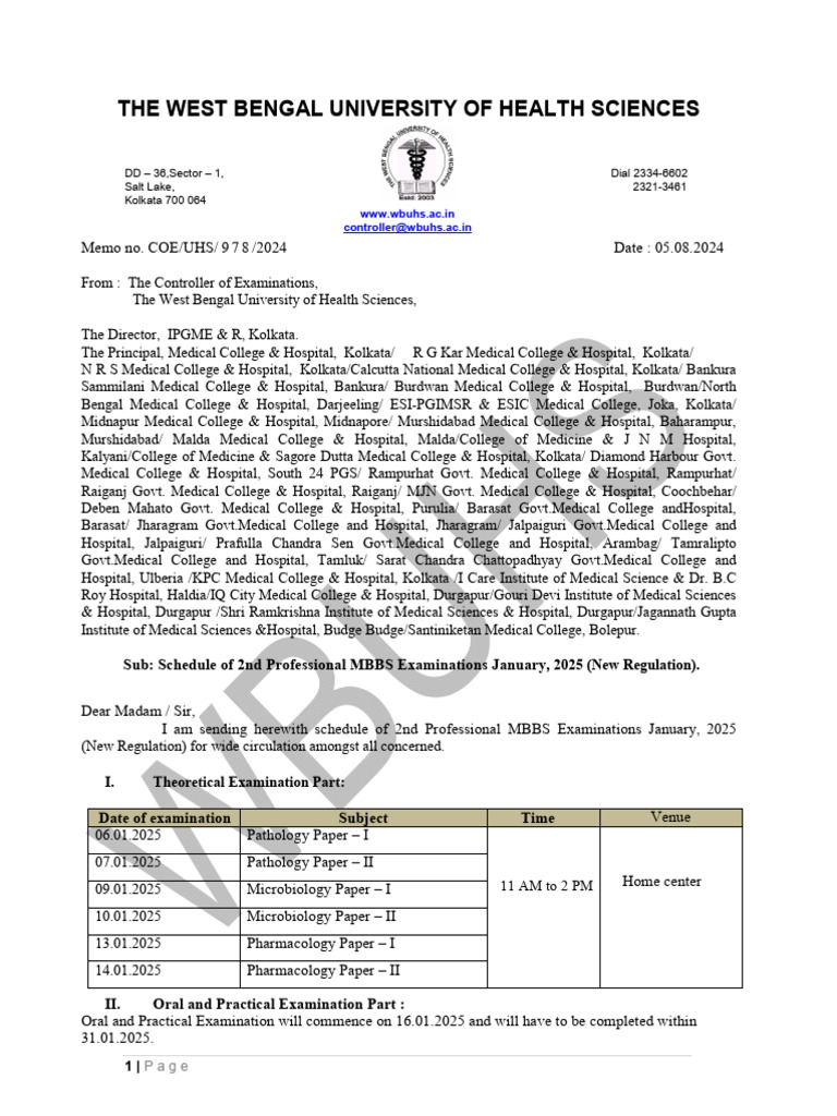 2nd Professional MBBS Exam Schedule 2025 | PDF | Kolkata | Health Sciences