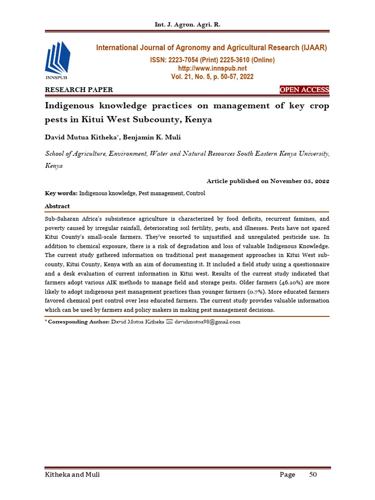 Indigenous Knowledge Practices On Management of Key Crop Pests in Kitui West Subcounty, Kenya ...