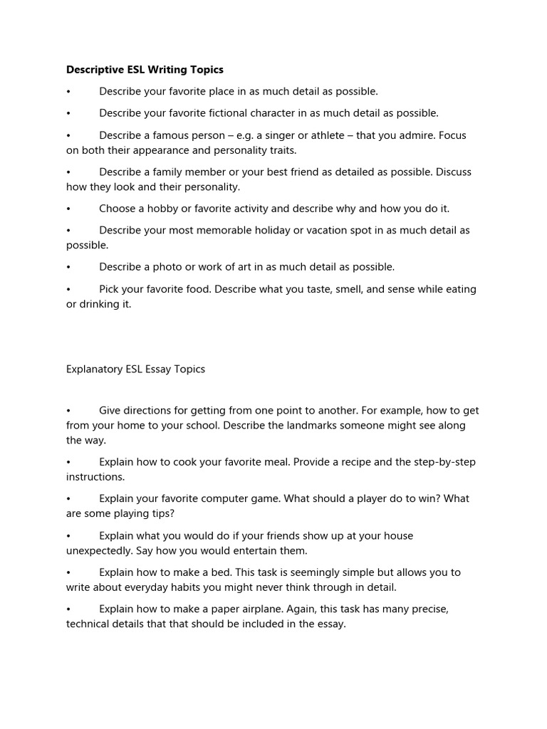 Descriptive ESL Writing Topics | PDF | Essays