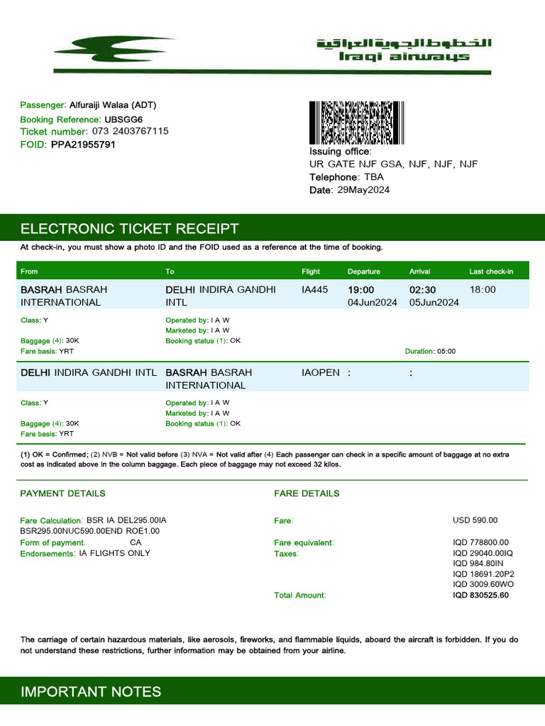 Iraqi Airways Eticket (UBSGG6) - WALAA | PDF