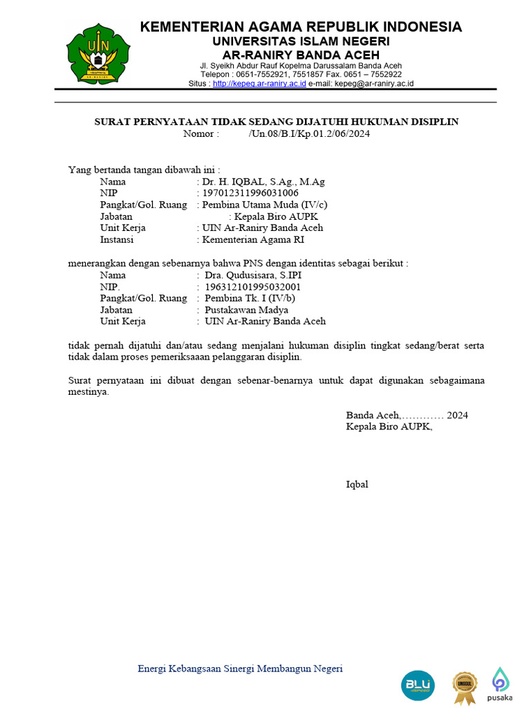 Contoh Surat Pernyataan Hukdis | PDF