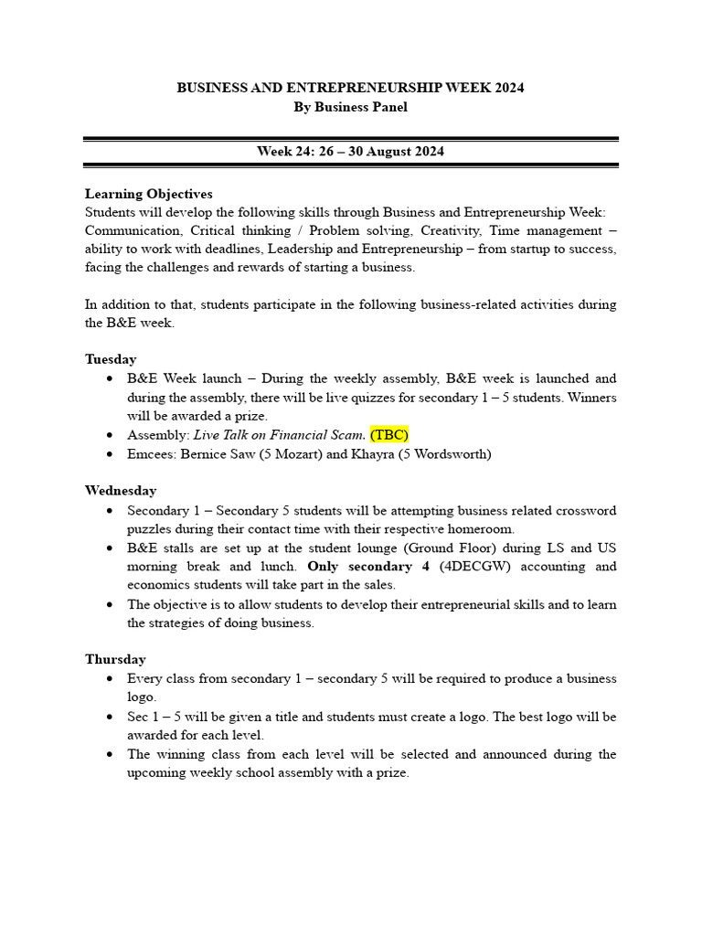 Business Week 2024 Proposal | PDF | Entrepreneurship | Business