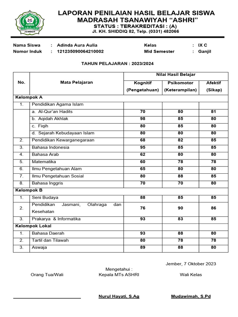 LAPORAN PENILAIAN HASIL BELAJAR SISWA 9c Pts | PDF