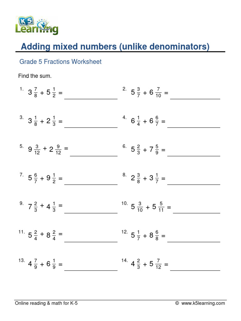 Grade 5 Adding Mixed Numbers Unlike F | PDF | Mathematical Concepts ...