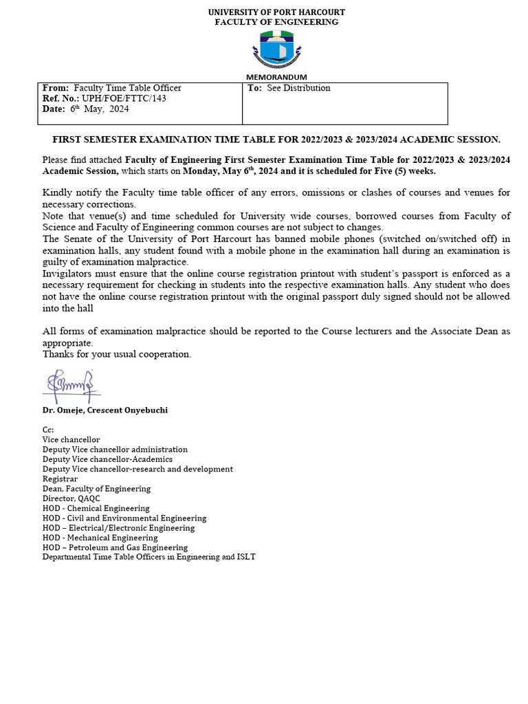 FIRST SEMESTER EXAMINATION TIME TABLE FOR 2022 2023 and 2023 2024 ACADEMIC SESSION (UPDATED ...