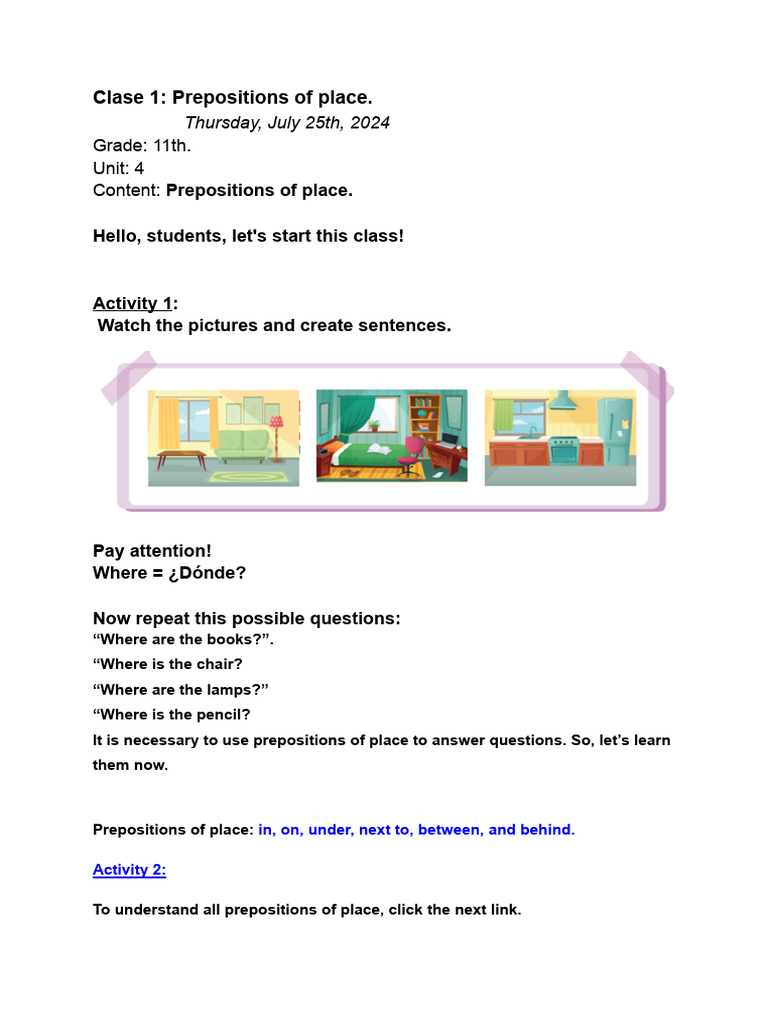 Clase 1 - Prepositions of Place. | PDF