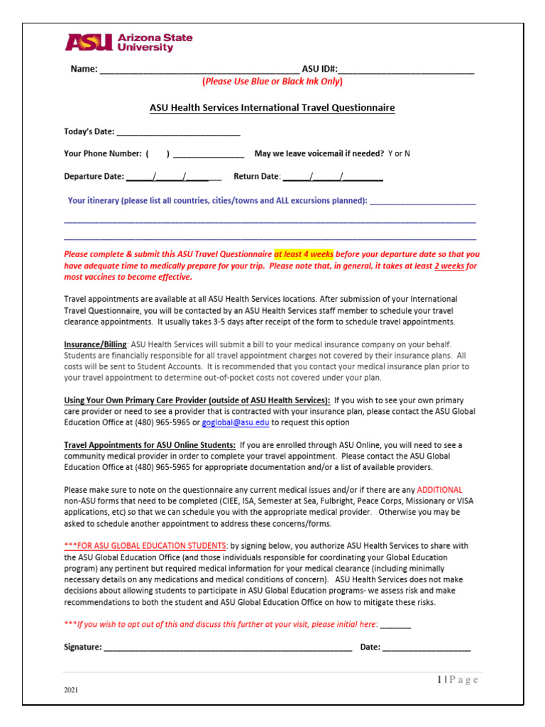 ASU Travel Health Questionnaire | PDF | Chronic Condition | Clinical ...