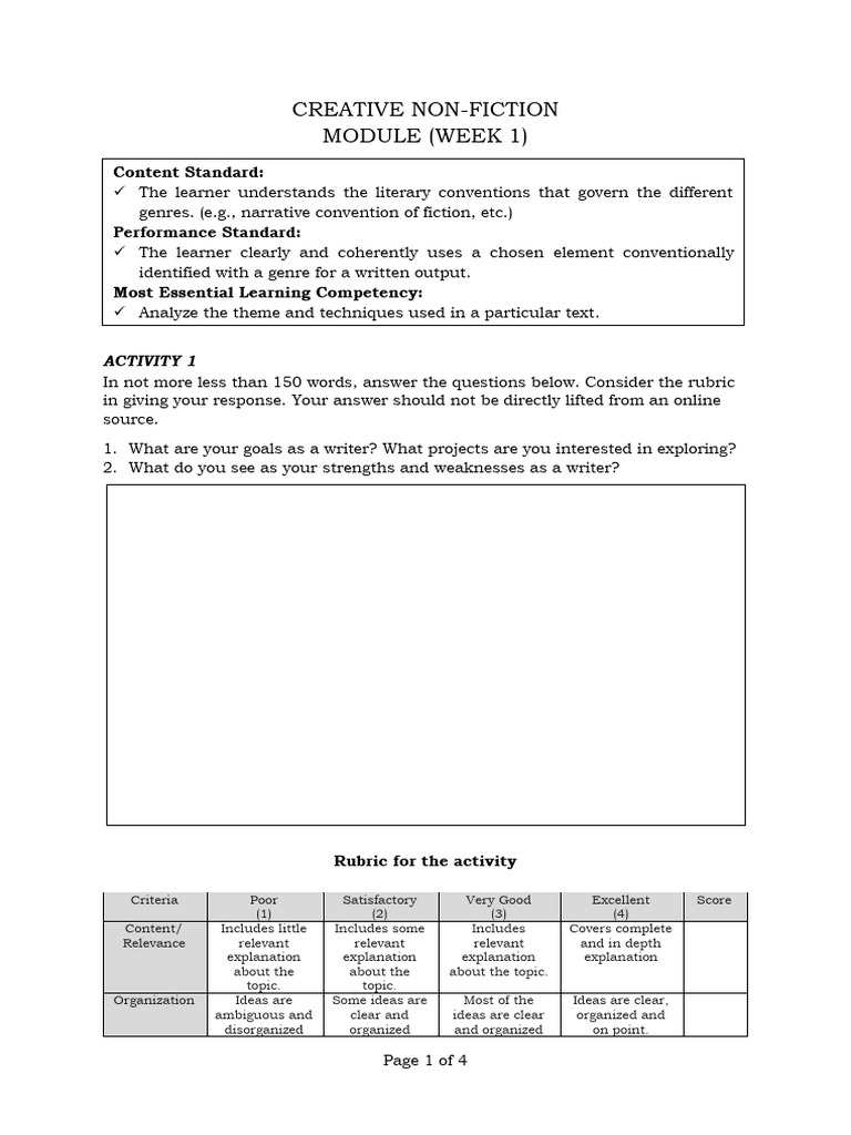 Creative Non Fiction Module Week 1 | PDF | Rubric (Academic) | Creative ...