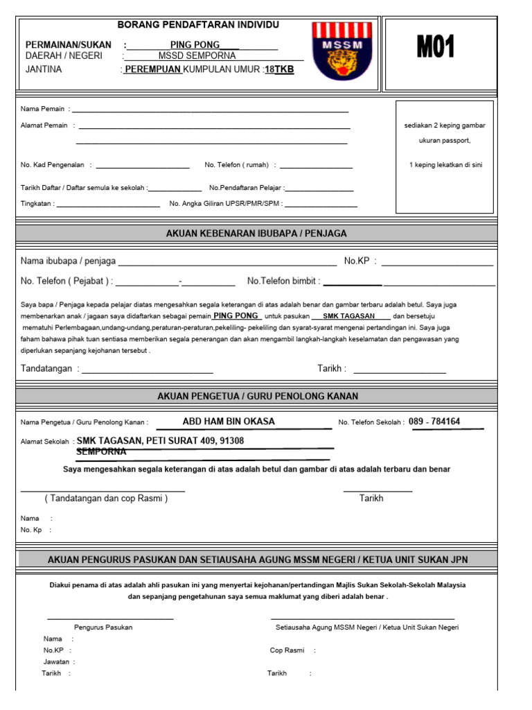Borang Mo1 Merentas Desa Negeri | PDF