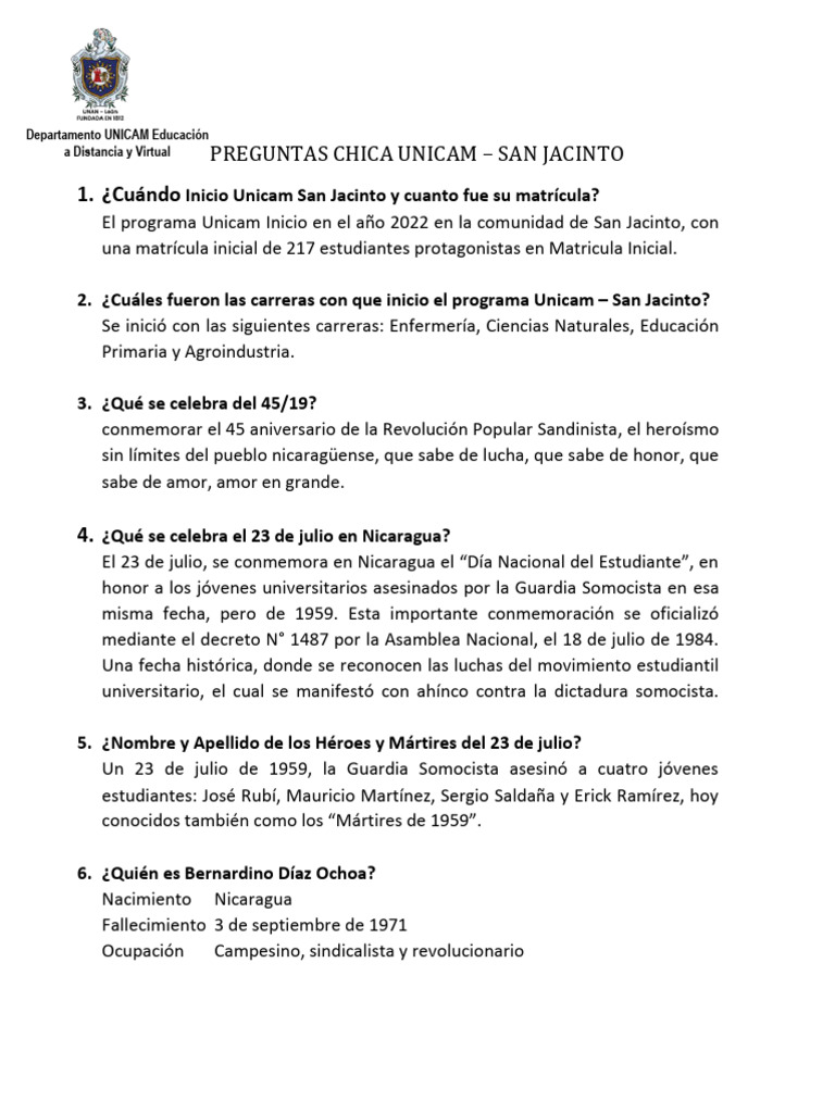 PREGUNTAS CHICA UNICAM | PDF | Nicaragua | Frente Sandinista de ... PREGUNTAS CHICA UNICAM | PDF | Nicaragua | Frente Sandinista de ...