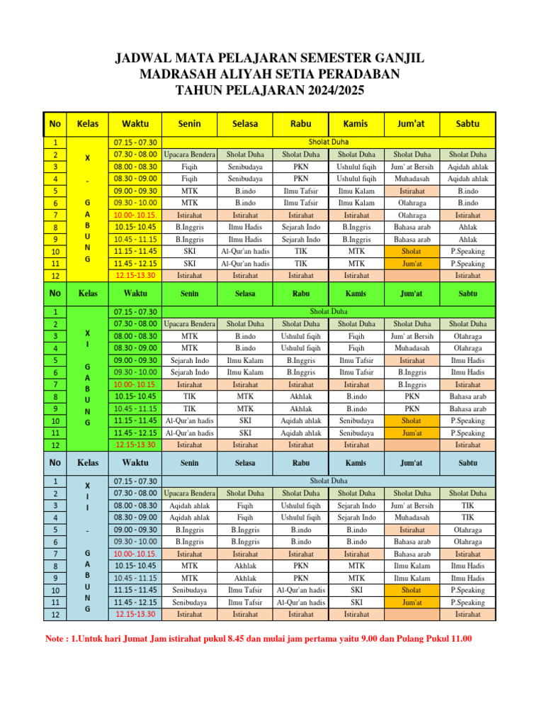 JADWAL PELAJARAN MA 2024-2025 Sem 1 PDF | PDF