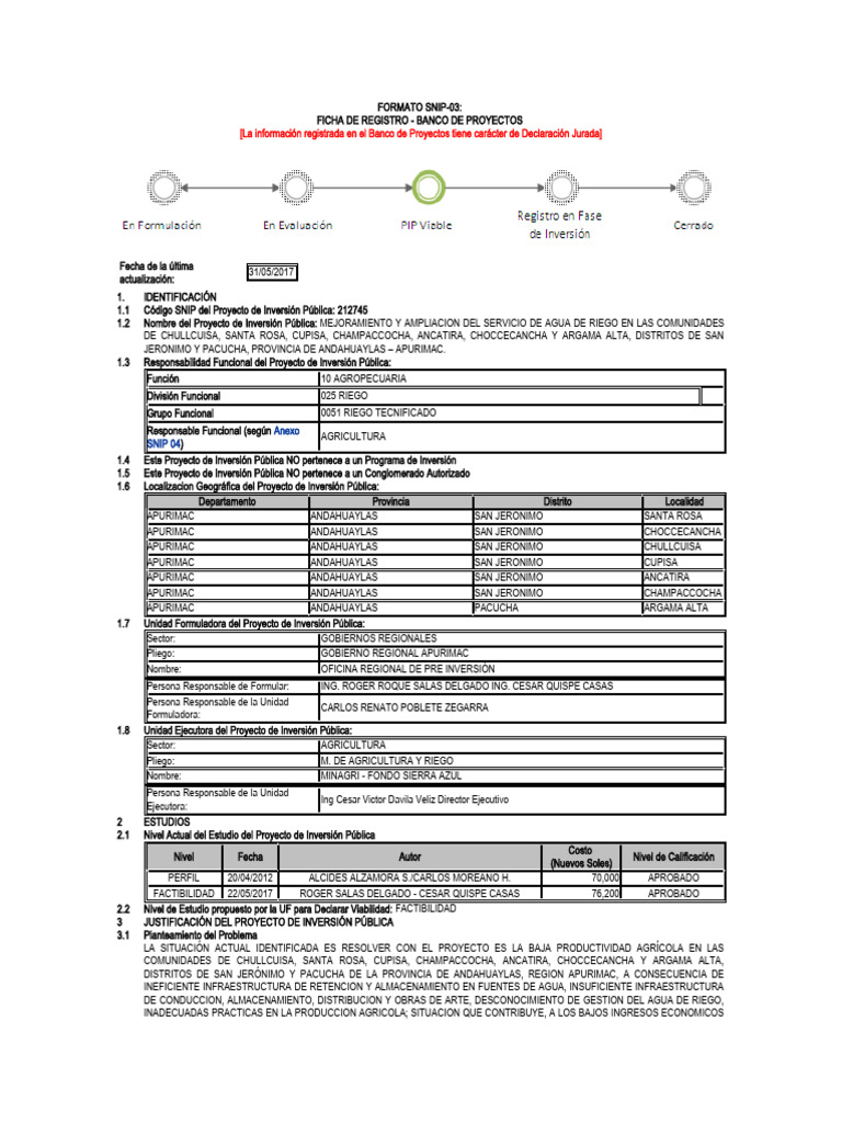 Formato Snip 03 Chinquillay | PDF | Riego | Reservorio