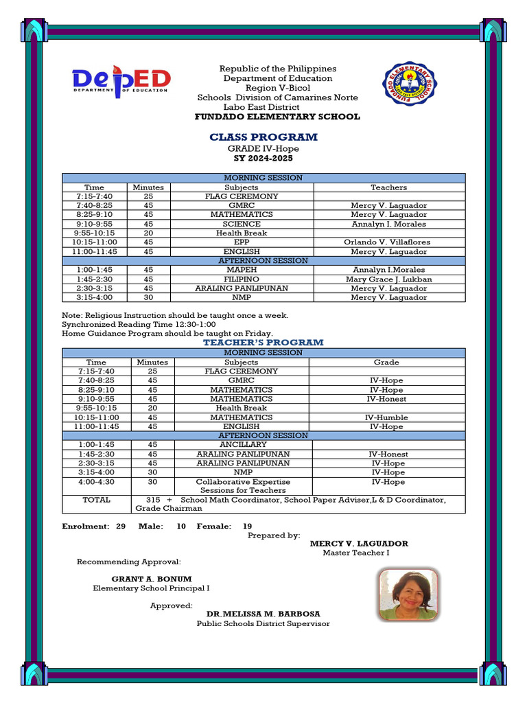 Class Program SY 2024 2025 | PDF