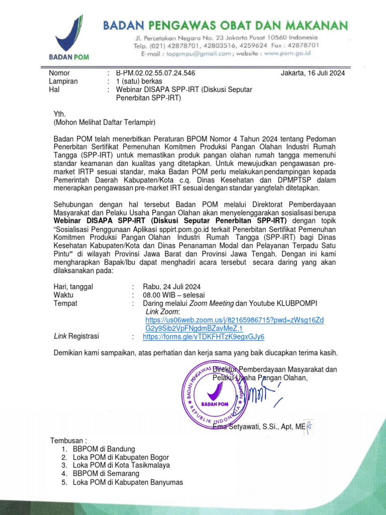 Webinar SPP-IRT: Sosialisasi Sertifikat Pangan | PDF