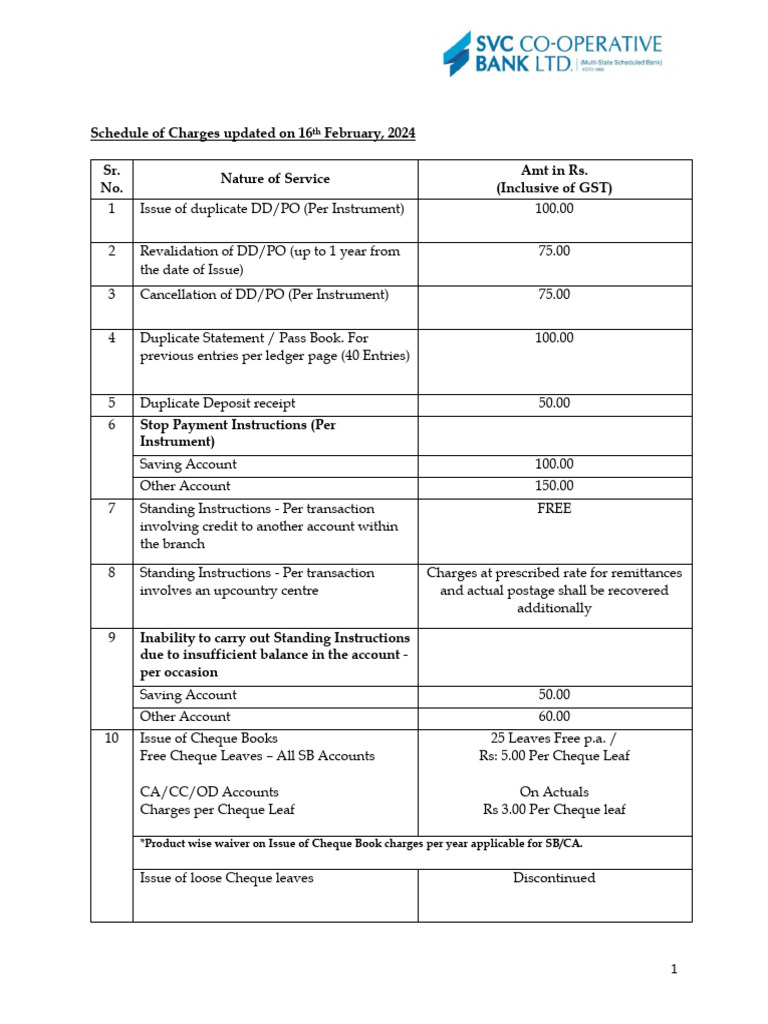 SVC Bank Charges and Fees Overview | PDF | Cheque | Debit Card