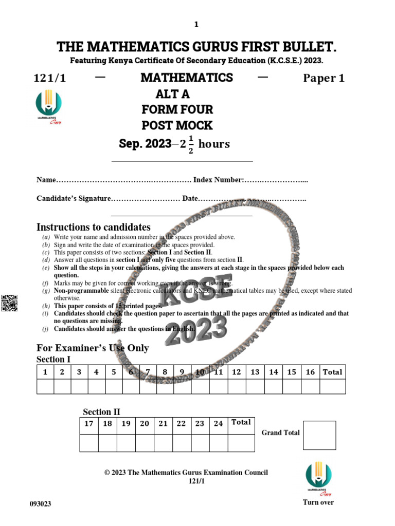 KCSE 2023 Mathematics Paper 1 Exam | PDF | Area | Speed