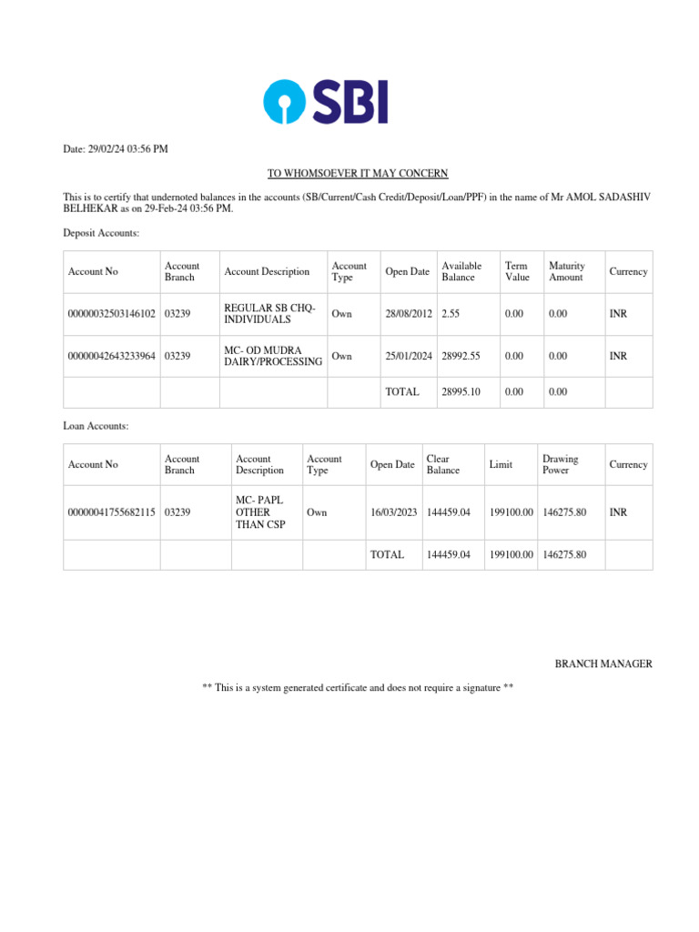 Balance Certificate 39254296 | PDF