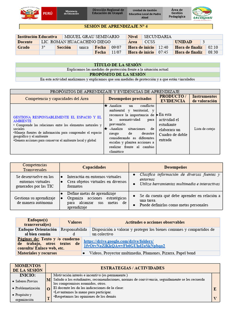 FORMATO Sesión de Aprendizaje - UGEL PADRE ABAD - 2024 CCSS 4° EDA 3 Semana 4 | PDF | Evaluación ...