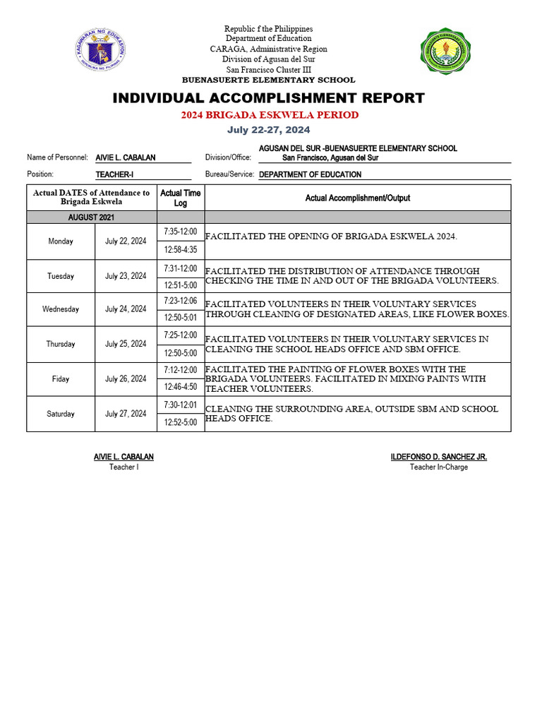 BE Individual Accomplishment Report | PDF