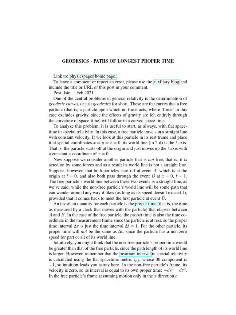 Geodesics - Paths of Longest Proper Time | PDF | Spacetime | General ...