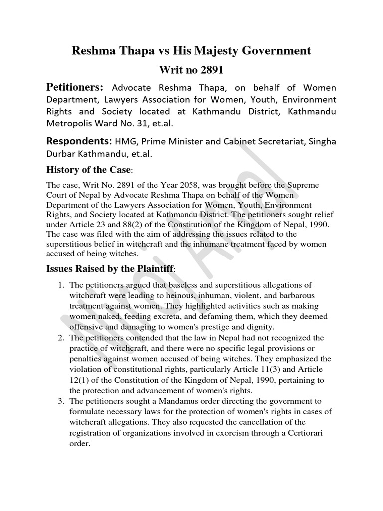 Reshma Thapa Vs His Majesty Government 2891 | PDF | Certiorari | Witchcraft