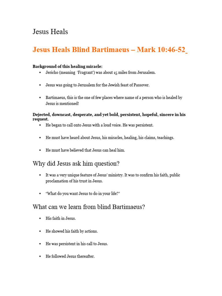 Jesus Heals Blind Bartimaeus | PDF | Jesus | Faith