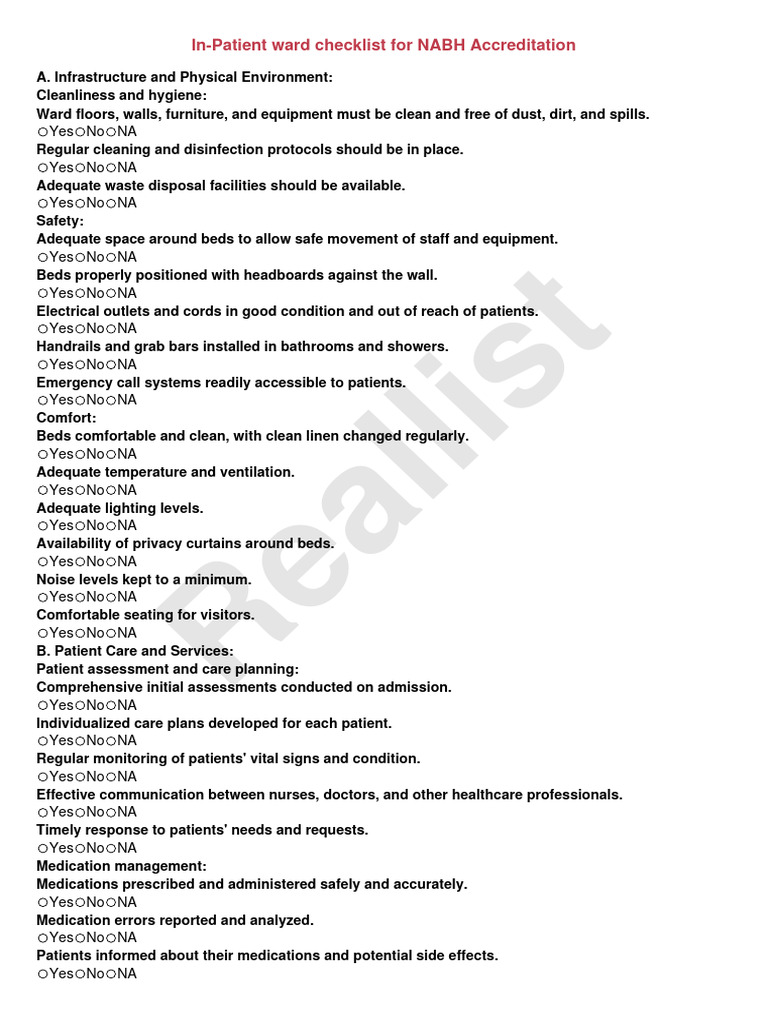 NABH In-Patient Ward Checklist | PDF | Patient | Health Care