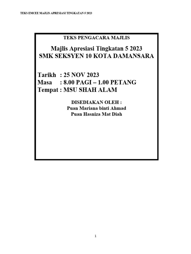 Teks Emcee Majlis Apresiasi Tingkatan 5 2023 | PDF