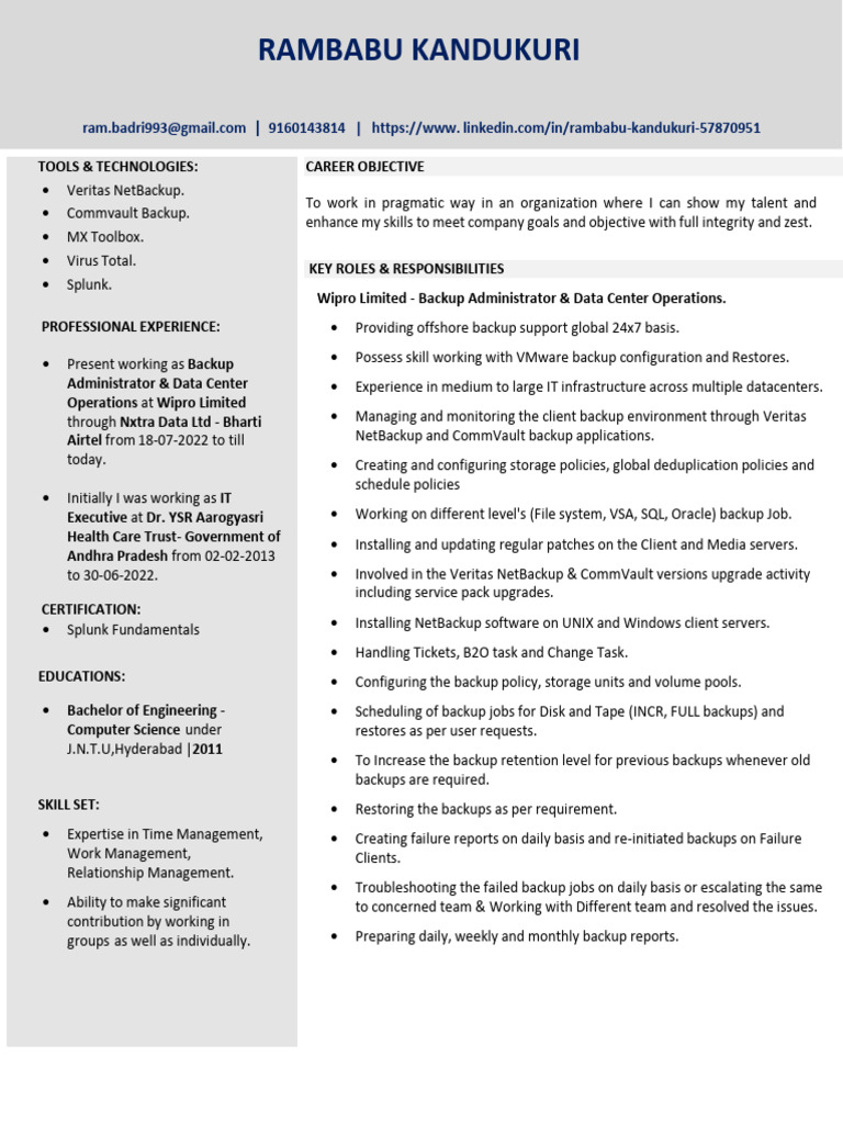 Rambabu Resume | PDF | Backup | Server (Computing)