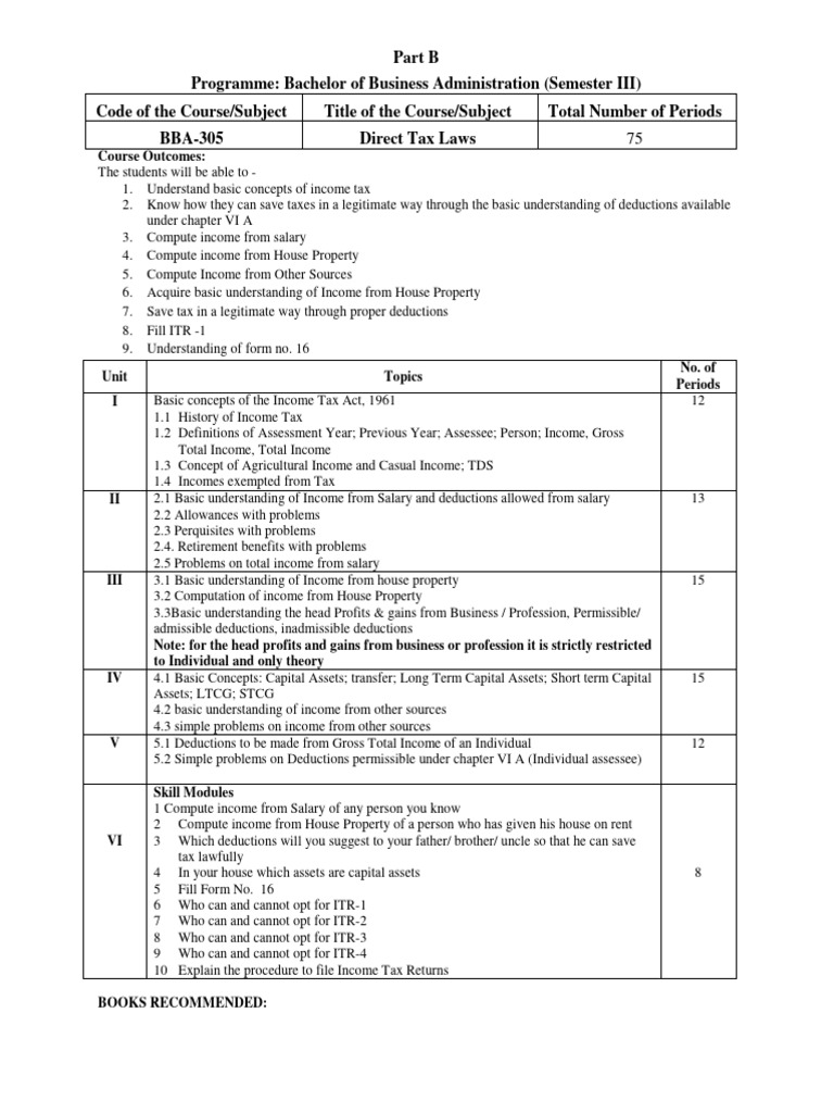Sem 3 - BBA - Direct Tax Laws | PDF | Income | Tax Deduction