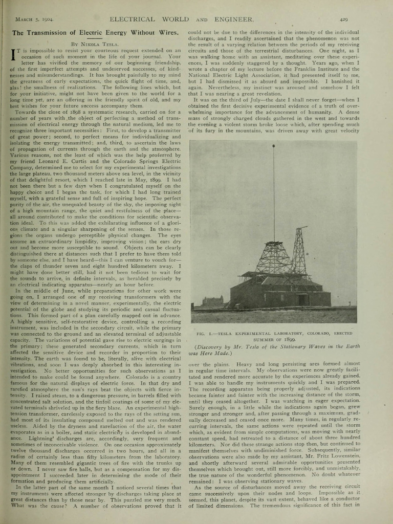 The Transmission of Electrical Energy Without Wires (EW& E p447-449) | PDF