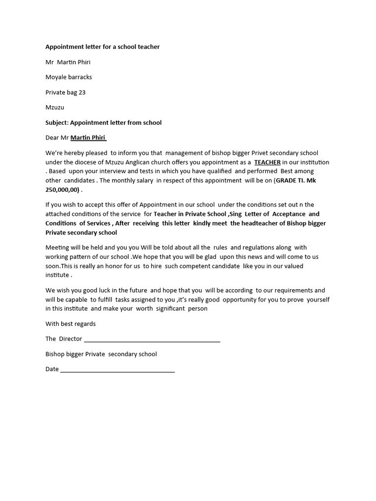 Teacher Appointment Letter Template | PDF