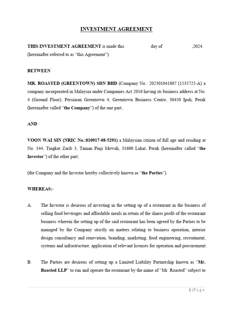 Investment Agreement (MR Roasted - Voon Wai Sin (Final) | PDF | Limited ...