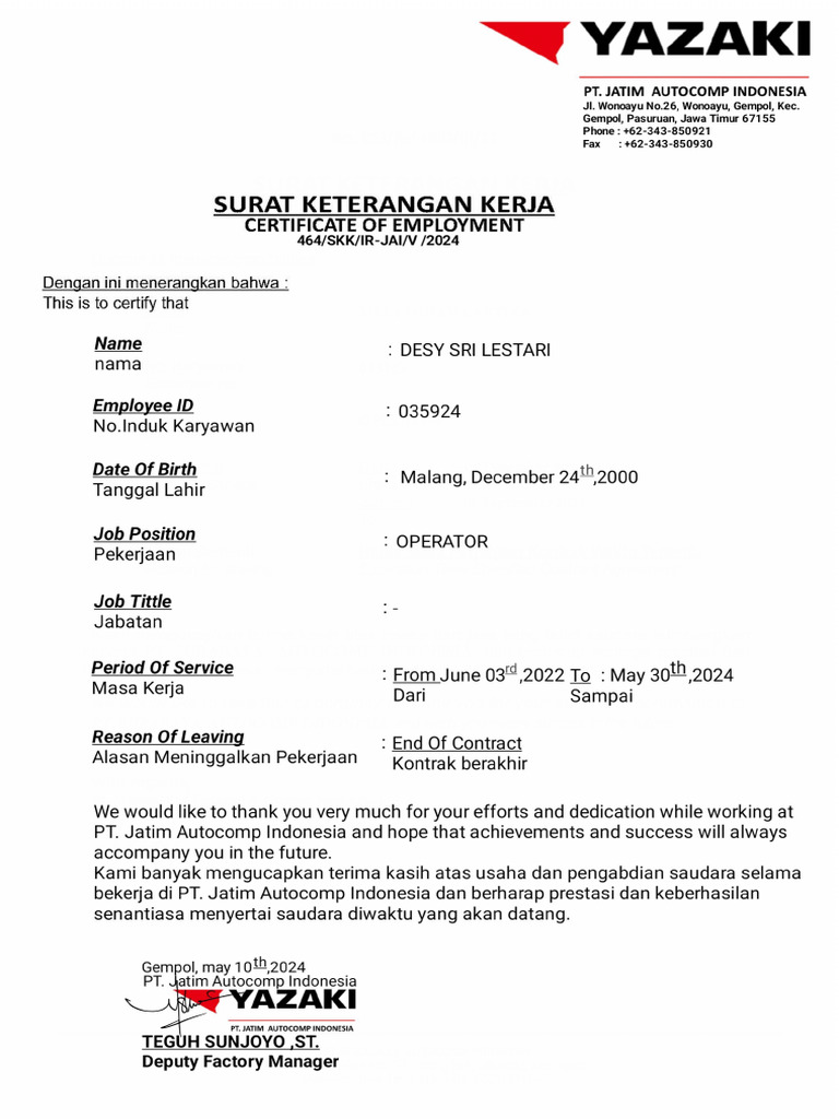 PT Yazaki Paklaring PDF Free | PDF