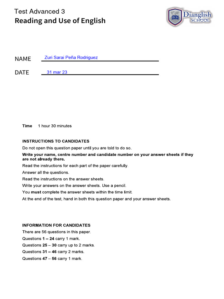 Adnaced 3 Test Reading and Use of English SARA | PDF