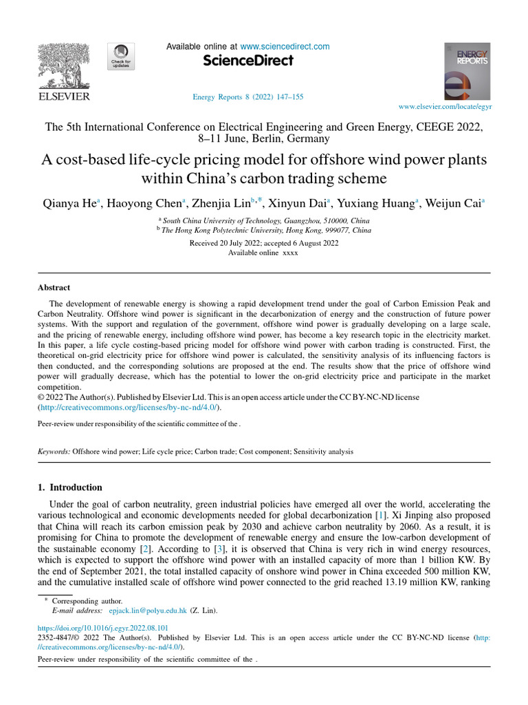 A Cost Based Life Cycle Pricing Model For Offshore Wind Power Plants 5566